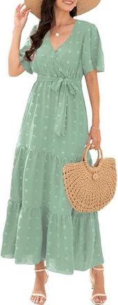 Generic Robe longue dété 2025 à pois élégante et élégante avec col en V pour femme, vert clair, XXL