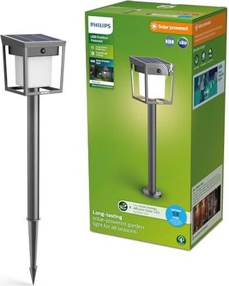 Philips Outdoor Ultra-Efficient Solar Blaise Sockelleuchte 1.5W, Linkable Funktion, Tageslicht- und Bewegungssensor, 3000 Kelvin, IP44, anthrazit