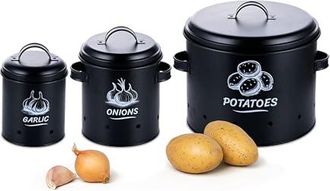 Relaxdays Kartoffel Aufbewahrungsbox, Zwiebeln, Knoblauch, 3er Set, mit Deckel & L&ouml;chern, Metall, Zwiebeltopf, schwarz
