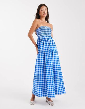 New Look Robe bandeau mi-longue froncée à carreaux - Bleu