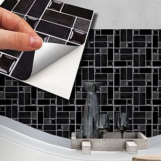 Walplus 24 St&uuml;ck 15x15cm Gl&auml;nzend Schwarzes Porzellan Mosaik Schwarz Grau Wandfliesen Aufkleber Sch&auml;len und Kleben Backsplash Abziehbilder Startseite Dekore A