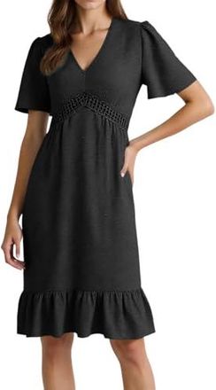 Generic Robe d&eacute;t&eacute; taille empire pour femmes, robe midi &agrave; smocks et manches courtes et col en V, robe d&eacute;t&eacute; boh&egrave;me, robe ample pour les vacances, les essentiels