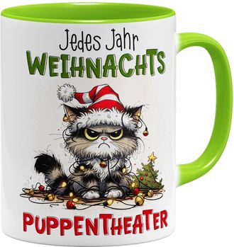 OM3 Lustige Weihnachts Kaffee-Tasse - Jedes Jahr Weihnachtspuppentheater - schlechte Laune Katze im Chaos - Keramik Becher - 325ml - Beidseitig Bedruckt -