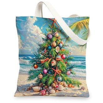 Generic Sac fourre-tout en toile r&eacute;utilisable pour le shopping 33 x 38 cm, motif arbre de plage c&ocirc;tier de No&euml;l, sac d&eacute;picerie r&eacute;utilisable pour femme, vacance