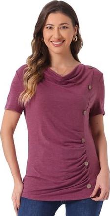 Allegra K Chemisier à Col Bénitier Femmes à Manches Courtes T-Shirt Basique Décontracté Couleur Unie avec Boutons Décoratifs Haut Froncé Bourgogne L