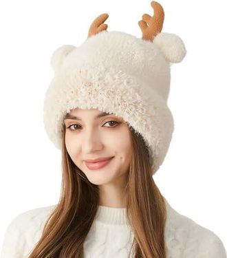 Generic Bonnet Femme Hiver Bonnet Femme Chapeau Femme Hiver Confortable Classique - Bonnet Cerf Dessin Anim&eacute; Mignon, Cache-Oreilles &Eacute;pais Doubl&eacute; Polaire, Id&eacute;a