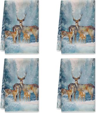 Generic K&uuml;chent&uuml;cher mit Hirschmotiv, rustikales Rehkitz, Wald, Winterblau, weiche Geschirrt&uuml;cher f&uuml;r K&uuml;che, Arbeitsplatte, Dekoration, 40,6 x 61 cm, 4 St&uuml;ck
