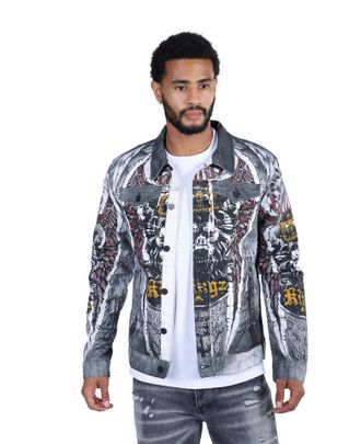 Kingz Jeansjacke Designer Jeansjacke mit All-Over Print Wei&szlig; M