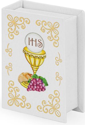 NKlaus Rosenkranzdose Buchform Etui 7x4,5x2,5cm motiv Kelch IHS Rosenkranzbehälter 14438