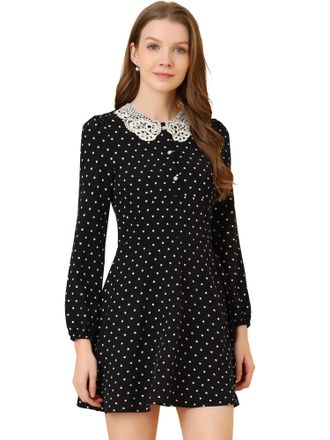 Allegra K Damen Doll Collar Kragen und Langen &Auml;rmeln mit Herz-Print Minikleid Schwarz M