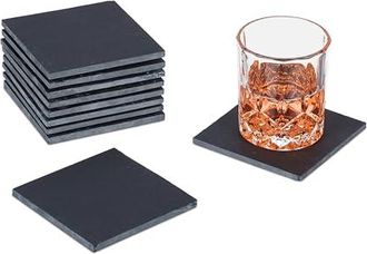 Relaxdays Schiefer Untersetzer, 10er Set, eckige Getr&auml;nkeuntersetzer, H x B: 10x10 cm, Schieferplatte Gl&auml;ser, anthrazit