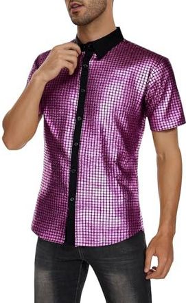 Generic Robe scintillante &agrave; manches courtes et col &agrave; revers pour homme - Chemise &agrave; boutons &agrave; paillettes - Coupe ajust&eacute;e - Doux &agrave; porter - Costume disco brilla