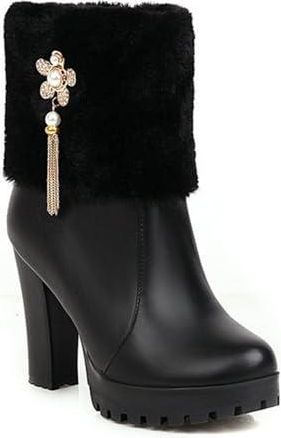 Generic Bottines dhiver doublées de fausse fourrure pour femme avec fermeture éclair latérale, bout rond, talon épais, plateforme chaude, Noir, 37.5 EU