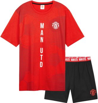 Manchester United Schlafanzug Herren Kurz, Pyjama Set T-Shirt & Schlafshorts - Fu&szlig;ball Geschenke M&auml;nner (Schwarz/Rot, 2XL)