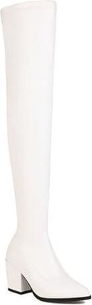 Generic Blanc,41 EU,Bottes Hautes Extensibles au-Dessus du Genou pour Femmes, Talons Hauts épais, Bout Pointu, Bottes Longues dautomne en Cuir élastique PU, B