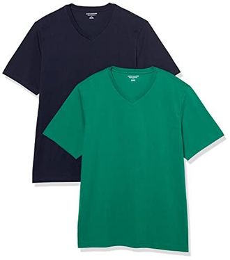 Amazon Essentials T-Shirts Col en v &agrave; Manches Courtes Homme, Lot de 2, Bleu Marine/Vert, M