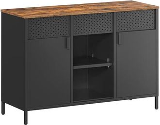 Songmics Meuble de Rangement, Buffet, Meuble en Métal, Placard à Double Portes, Fermeture Magnétique, Étagères Réglables, Cadre en Acier, Marron Rustique et No