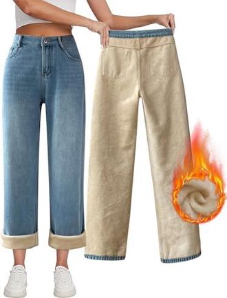 Onsoyours Pantalon Chaud Femme Jean dhiver Doublé en Polaire Taille Haute Coupe Droite Straight Baggy Jeans Thermique Denim Pantalon A Bleu Clair XS