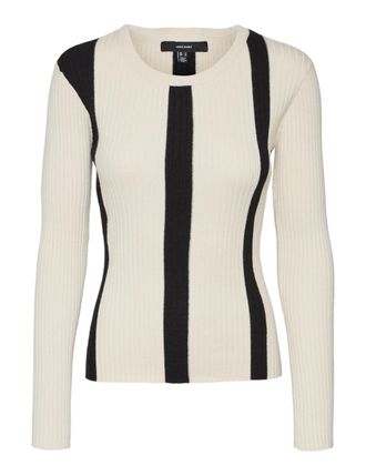 Vero Moda Damen VMGOLD New Rib LS O-Neck Pullover Strickpullover, Birch/Detail:W. Black, S