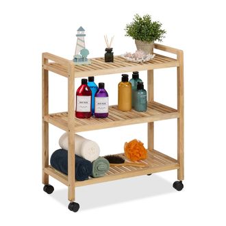 Relaxdays Badregal, Holz, HxBxT: 72 x 65 x 31 cm, Holzregal mit Rollen, 3 Ablagen, Regal f&uuml;r Badezimmer & K&uuml;che, Natur