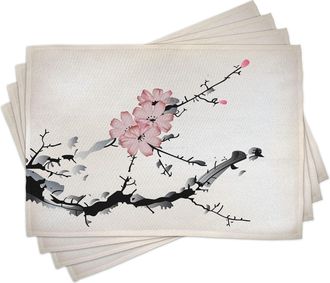 Abakuhaus japanisch Platzmatten, Aquarell-Illustrations-traditionelle gebürtige blühende mit Blumen gemäßigte Zonen-Anlage, Untersetzer aus Waschbaren Stoff Tis