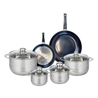 Fackelmann ELO 9727750 Batterie de cuisine 6 pièces, Ensemble de 2 Poêles de cuisson 20 et 28 cm et 4 faitouts 14, 16, 20 et 24 cm Elo Prima Brillant, inox, indu