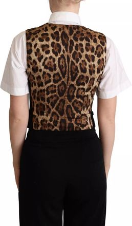 Dolce & Gabbana Womens Black Brown Leopard Print Waistcoat Vest Cotton Elastane Clothing