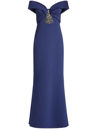Badgley Mischka robe longue &agrave; &eacute;paules d&eacute;nud&eacute;es - Bleu