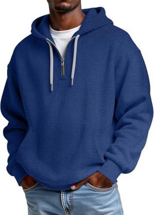 Generic Sweat &agrave; capuche &agrave; manches longues pour homme avec demi-fermeture &eacute;clair et bouton pour temps froid, bleu, XXL