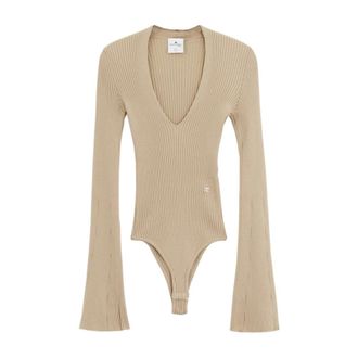 Courr&egrave;ges Gerippter Body mit V-Ausschnitt aus Viskose - - Tops - Damen - Beige - S