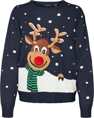 Vero Moda Damen Weihnachts Strick-Pullover VMSnowy Deer Rentier Weihnachten 10315636 Navy Blazer S