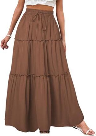 Minetom Femme Ete Jupe Boho Elastique Taille Haute A-Ligne Longue Jupe Maxi Décontractée Vacances LÉté Plage avec Cordon De Serrage A Marron XL