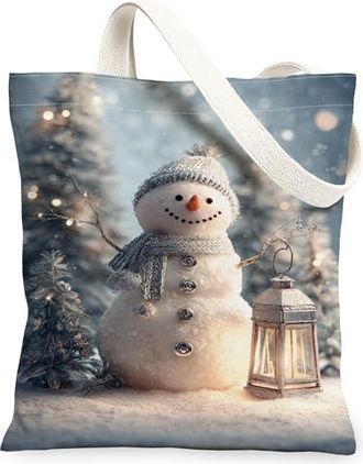 Generic Sacs fourre-tout dhiver en toile motif flocon de neige saisonnier, sacs d&eacute;picerie r&eacute;utilisables, confortables, vintage, vacances lavables, blanc, 13x1