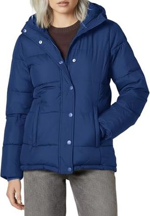Zeagoo Veste hiver femme doudoune matelass&eacute;e chaude avec capuche et poches blouson court fermeture &eacute;clair et boutons pression coupe vent style quotidien Bleu