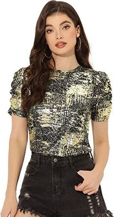 Allegra K T-Shirt décontracté Extensible à col Rond et Manches Bouffantes pour Femmes Or Noir L