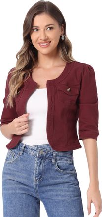 Allegra K Damen Jeansjacke 3/4 &Auml;rmel Open Front Kragenlos Jacke mit Taschen Lila Rot XL