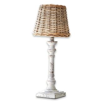 Loberon Tischlampe Noelie, Handarbeit, bezaubernder Schilfschirm, antikveredelt, Tischleuchte, Wohn-Accessoire, Rattan, Kiefernholz, MDF, braun/antikwei&szlig;