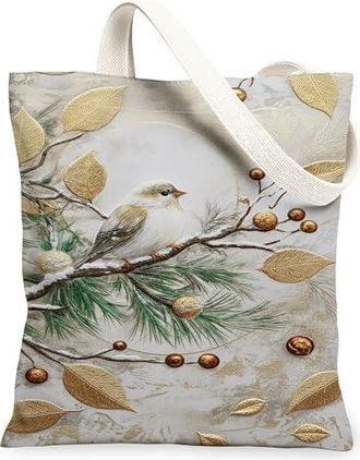 Generic Sacs fourre-tout en toile motif oiseaux dhiver, sacs d&eacute;picerie r&eacute;utilisables inspir&eacute;s de la nature, feuilles vintage, l&eacute;g&egrave;res et lavables, blanc, 13x1