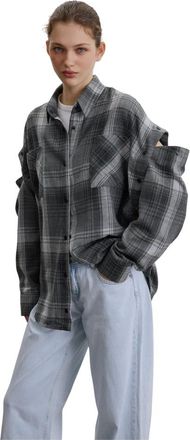 Estro & Luminara Femme, Blouses et Chemises, Gris, Taille: 36/38 FR Chemise &agrave; Carreaux avec Manches Amovibles