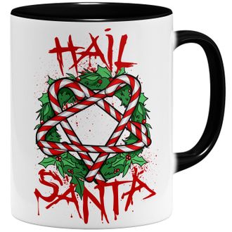 OM3 lustige Weihnachts Kaffee-Tasse mit Spruch - Hail Santa Christmas - 666 Pentagramm X-Mas - Keramik Becher - 325ml - Beidseitig Bedruckt - Schwarz