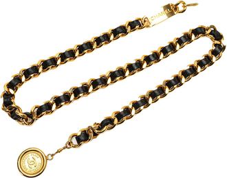Chanel Vintage Gold Plated Medallion Leather Woven Chain Belt