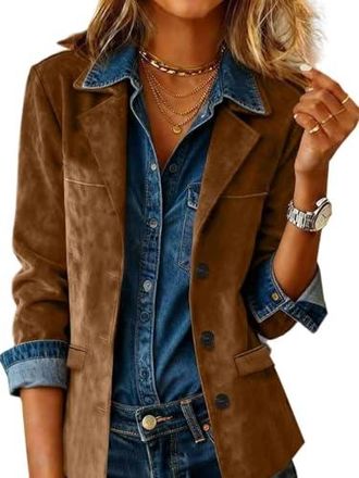 Generic Blazers vintage en faux daim &agrave; manches longues avec poches pour femme, marron, XXL