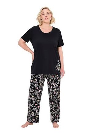 Ulla Popken Pyjama, Zweiteiler, Scribble-Herz, Halbarm, Lange Hose Ensemble de Pijama, Noir, 44/46 FR Femmes