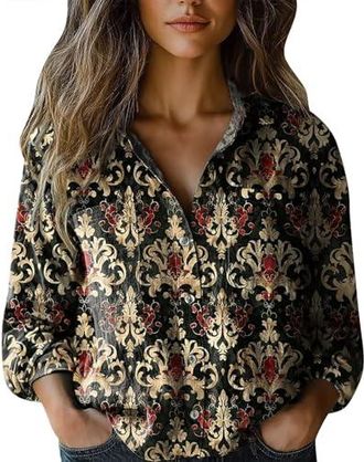 Generico Chemise Femme &Eacute;l&eacute;gant &agrave; Manches Longues Blouse Coton Et Lin D&eacute;contract&eacute; Grande Taille Chemises Col en V L&eacute;ger T Shirt Vintage Imprim&eacute; avec Boutons Mod