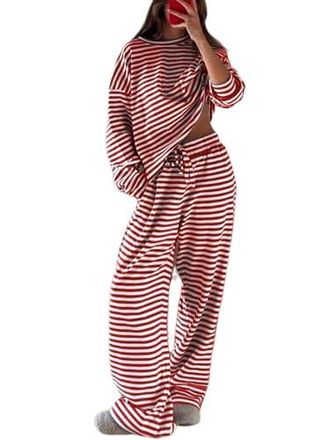 Generic Ensemble de pyjama 2 pi&egrave;ces &agrave; rayures pour femme, t-shirt &agrave; manches longues, cordon de serrage, pantalon &agrave; jambes larges, ensemble de pyjama, Rouge, X