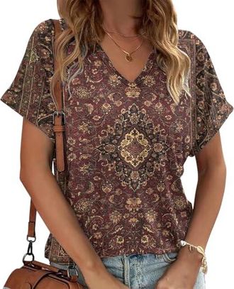 Onsoyours T-Shirt Femmes À Manches Courtes Bohème Shirt Sexy Col en V Vintage Imprimé Hauts Été Décontracté Ample Tee A20 Rouge L