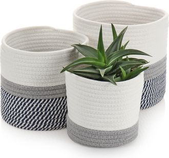 Com-Four 3-teiliges Korb-Set - Deko-Korb aus Stoff mit Haltegriffen - runde Aufbewahrungsboxen, Stoff-Körbe - Deko-Übertopf - Organizer (3tlg. - blau. grau)