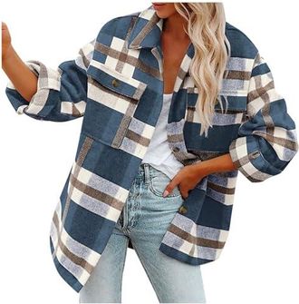 Generic Veste polaire en peluche pour femme - Haut pelucheux - Chemise à carreaux brossée à manches longues en flanelle avec revers et poches boutonnées - Man