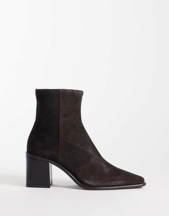 Mango 100 % Leder, spitze Stiefelette mit Absatz in Schokobraun