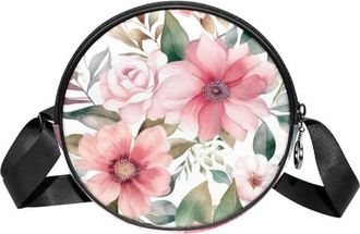 Generic Petit sac &agrave; bandouli&egrave;re circulaire pour femme, motif feuilles florales, sac &agrave; dos avec fermeture &eacute;clair, bretelles r&eacute;glables, sac &agrave; main rond d&eacute;contra